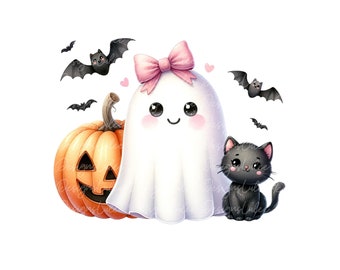 Coquette Halloween PNG, Reading Book Club, Ghost & Black Cat, Pumpkin ...