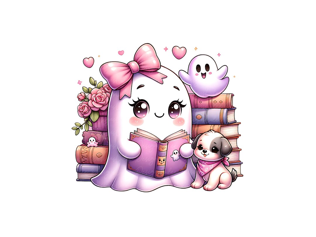 Coquette Halloween PNG, Reading Book Club, Ghost & Black Cat, Pumpkin ...