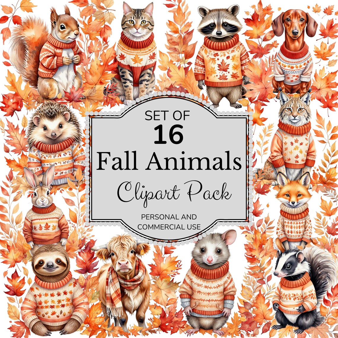 Cute Fall Png Clipart Set, Animals in Sweaters, Wild About Fall ...