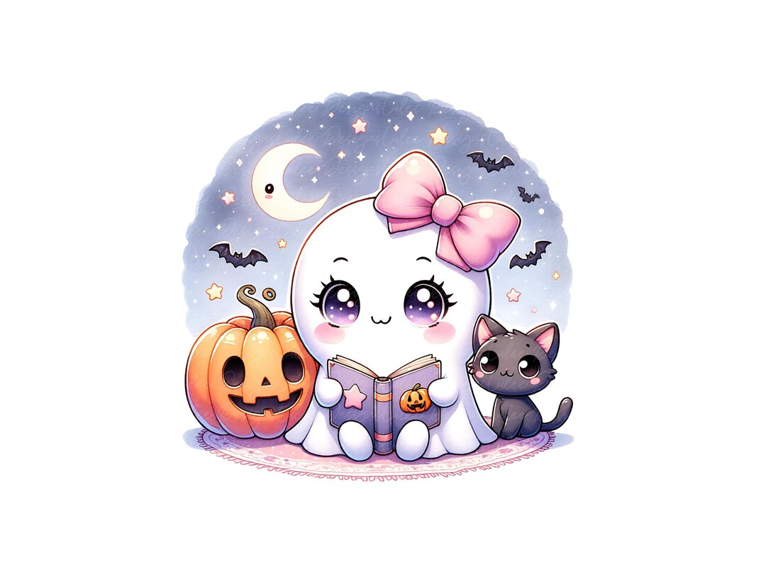 Coquette Halloween PNG, Reading Book Club, Ghost & Black Cat, Pumpkin ...