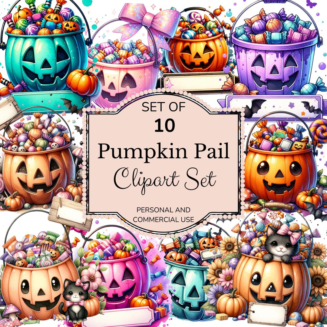 Halloween Bucket of Candy Clipart Set, Pink Pumpkin Pail PNG ...