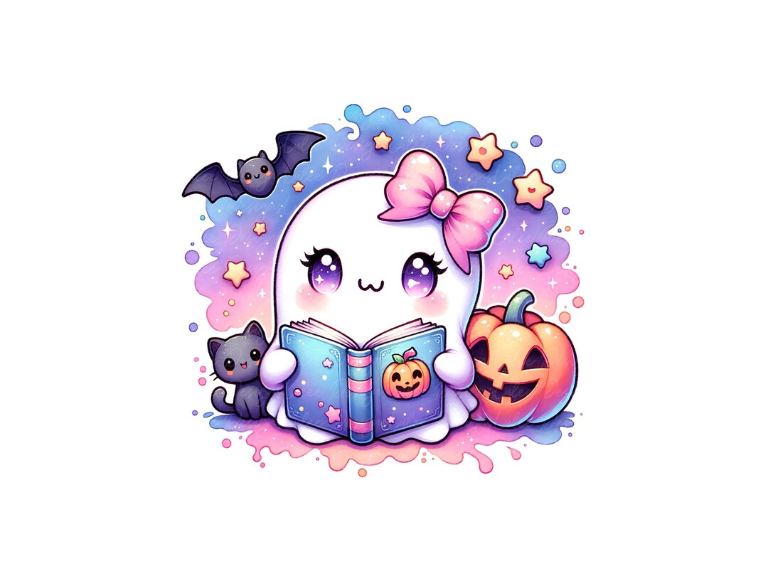 Coquette Halloween PNG, Reading Book Club, Ghost & Black Cat, Pumpkin ...