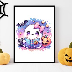 Coquette Halloween PNG, Reading Book Club, Ghost & Black Cat, Pumpkin ...