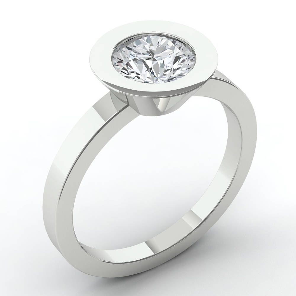 Unique Engagement Ring Bezel Set Engagement Ring 18K White - Etsy