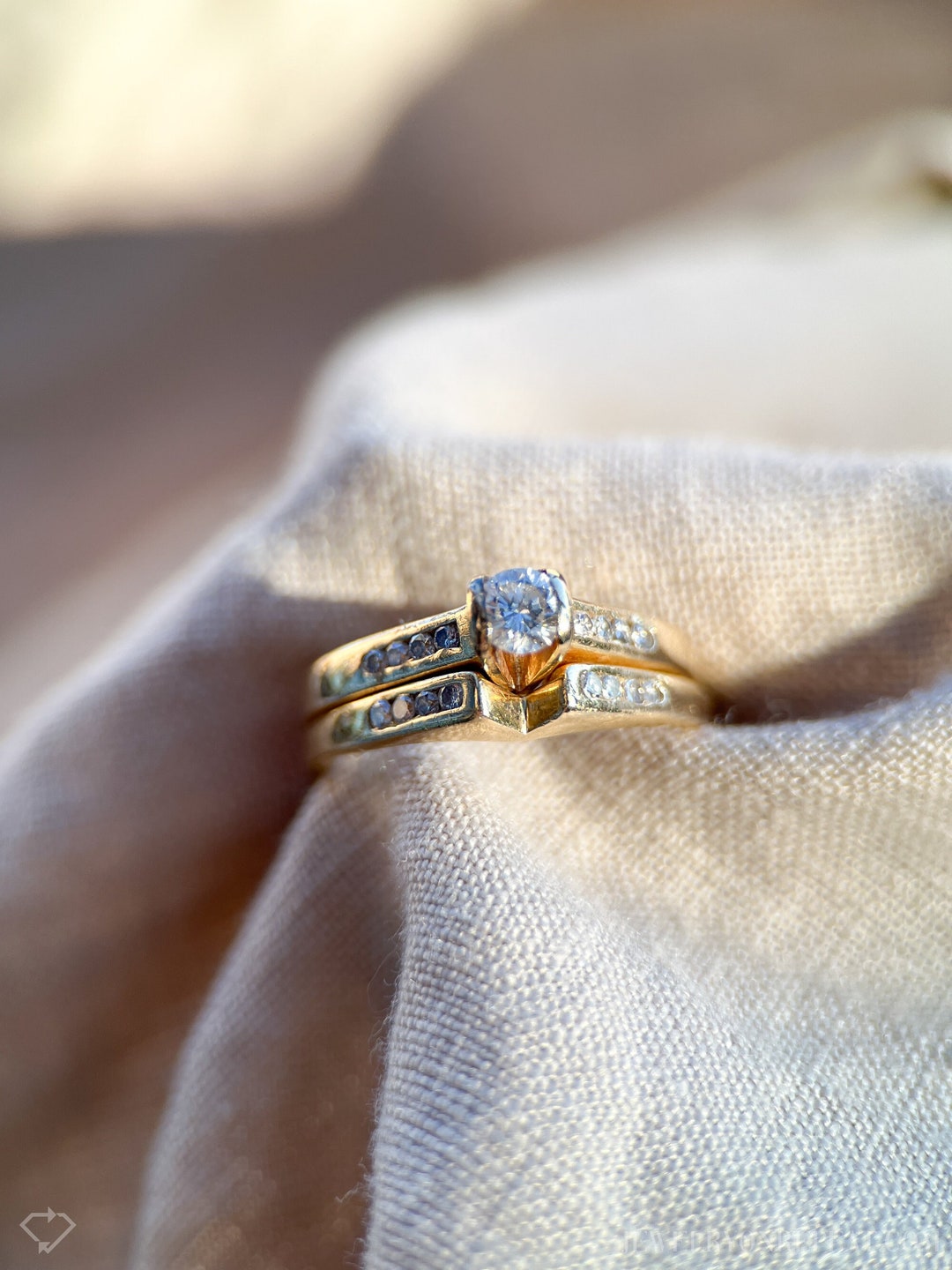 Vintage Diamond Engagement Ring & Wedding Band Set in 14k Gold, Retro ...