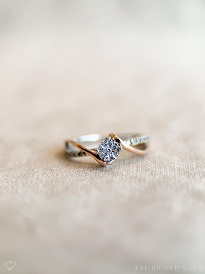 Vintage Diamond Engagement Ring, Round Cut, 10k White & Rose Gold ...