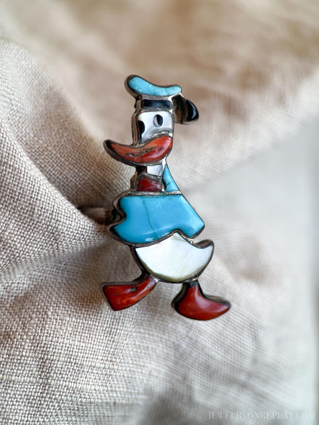 Vintage Sterling Silver Duck Inlay Ring, Turquoise Coral Cartoon ...