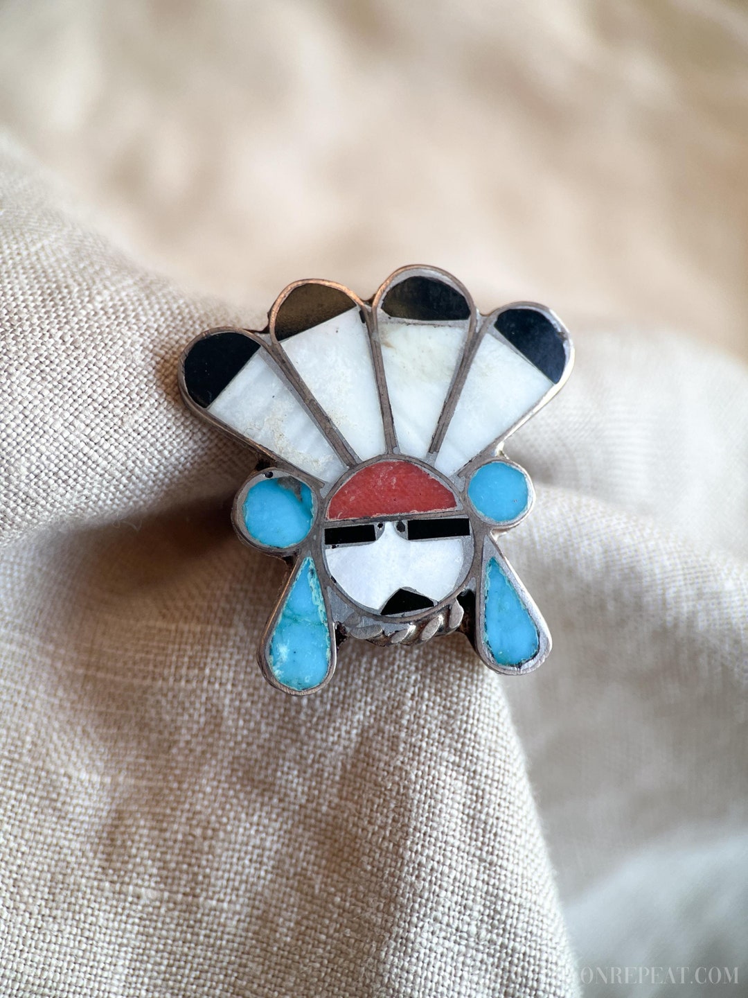 Vintage Zuni Sun Face Headdress Gemstone Ring - Sterling Silver Native ...