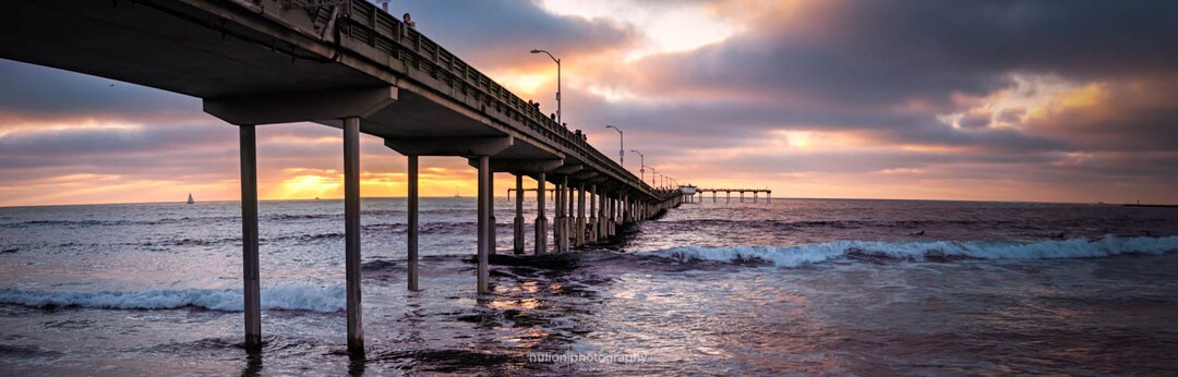 Pacific Ocean Sunset and Pier Super-wide Panoramic Photo, Blue, Orange ...