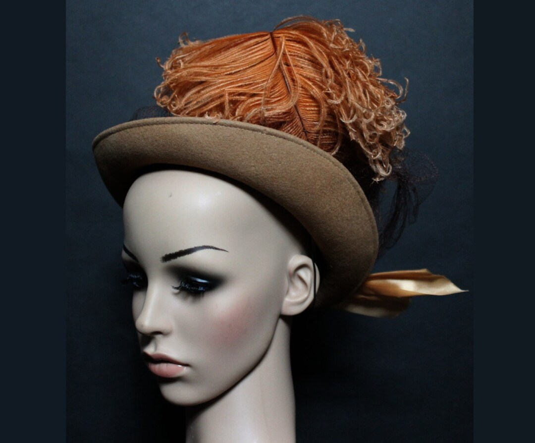 Vintage 1940s Hat Tan Feathers Wool Designer Garden Party Mad Man ...