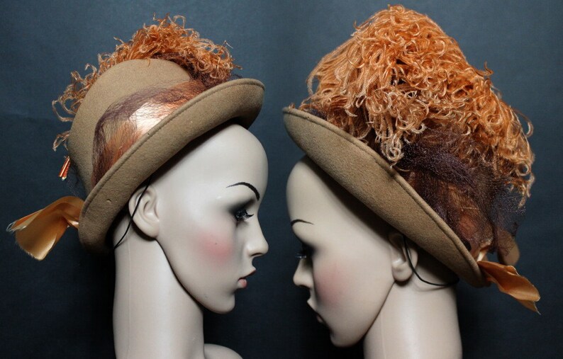 Vintage 1940s Hat Tan Feathers Wool Designer Garden Party Mad Man ...