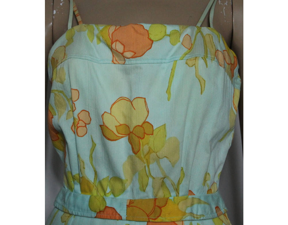 1950s Playsuit Swimsuit With Floral Pattern Aqua Yellow Peach Gold By