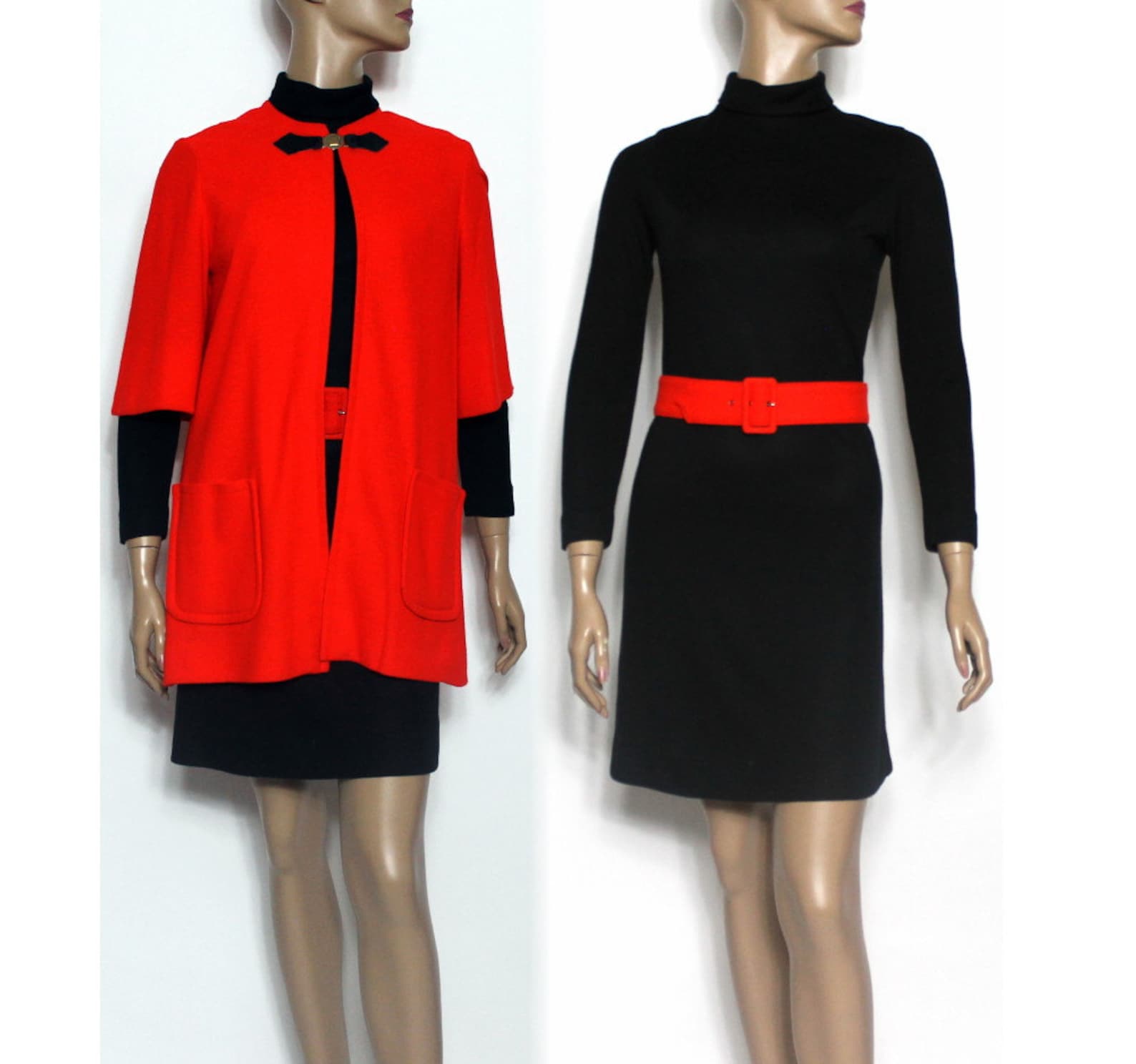 Vintage 1960s Dress //matching Coat// Bight Red// Couture//black Dress ...