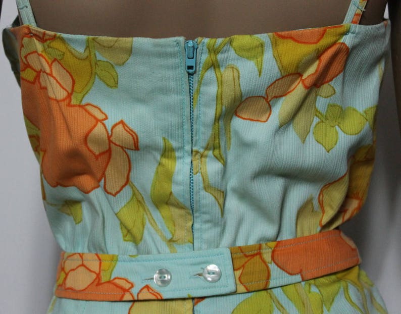 1950s Playsuit Swimsuit With Floral Pattern Aqua Yellow Peach Gold By