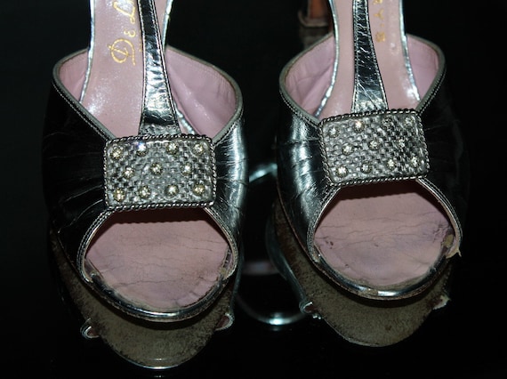 Vintage 1950s Slingback Heels - Silver Leather Rhines… - Gem