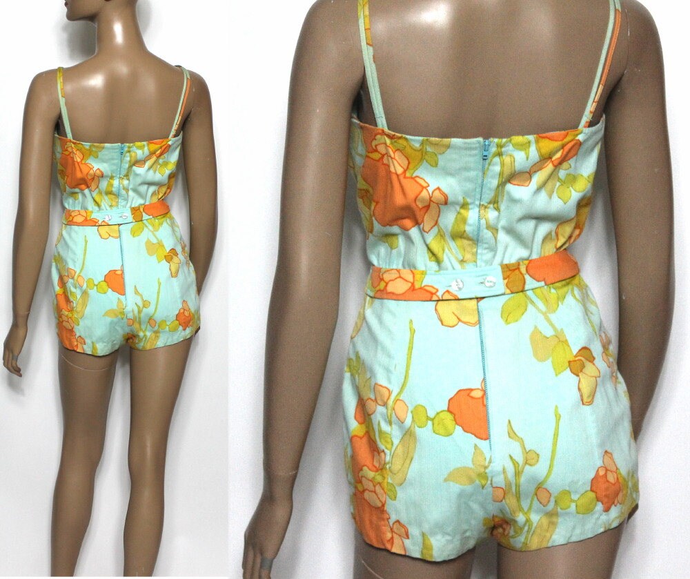1950s Playsuit Swimsuit With Floral Pattern Aqua Yellow Peach Gold By