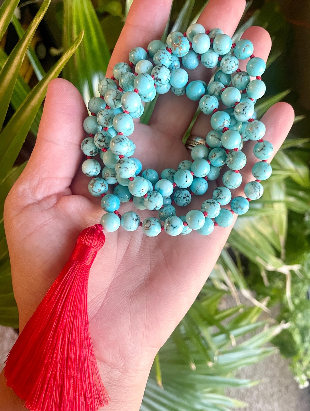 Turquoise Mala Bead Necklace: Sterling Silver Tassel, Throat Chakra ...