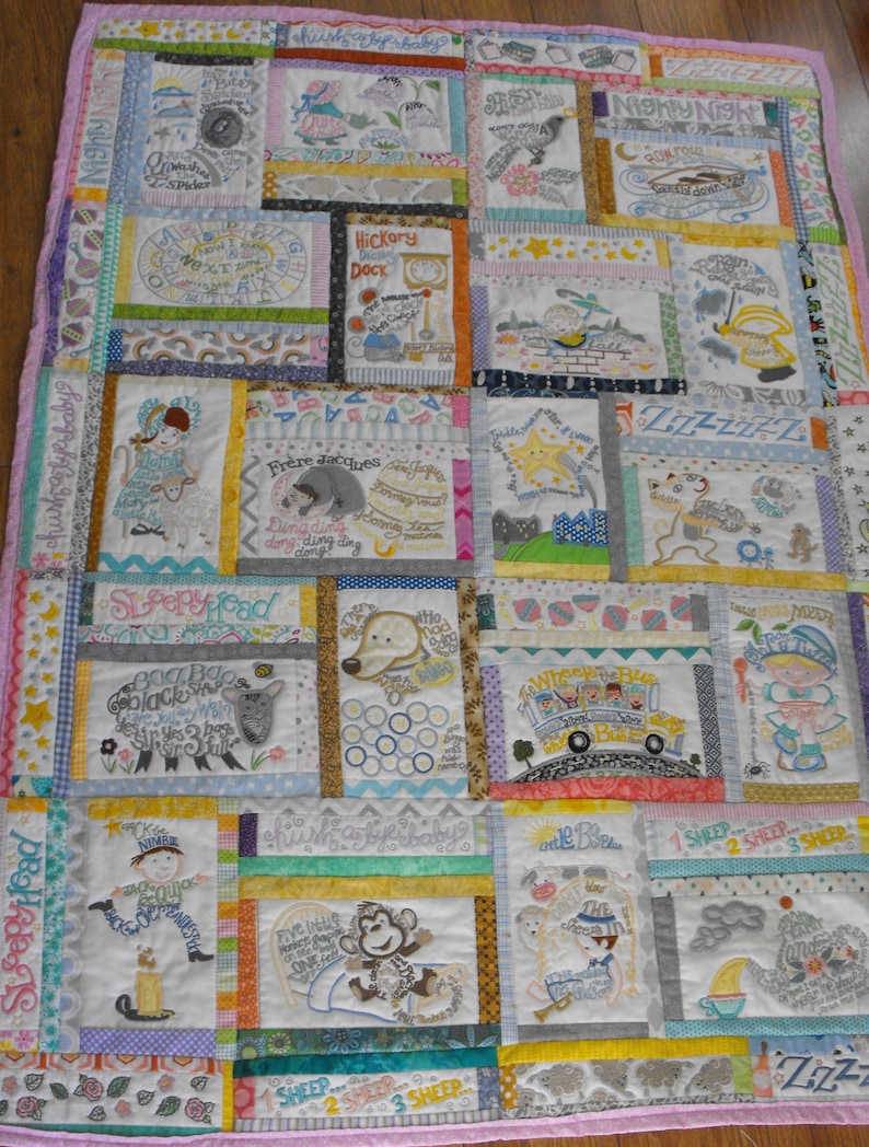 Baby Quilt Machine Embroidered Baby Quilt Appliqued Nursery Rhyme Quilt ...