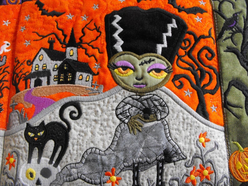 Halloween Town Wall Hanging Quilted Halloween Wall Hanging Appliqued ...