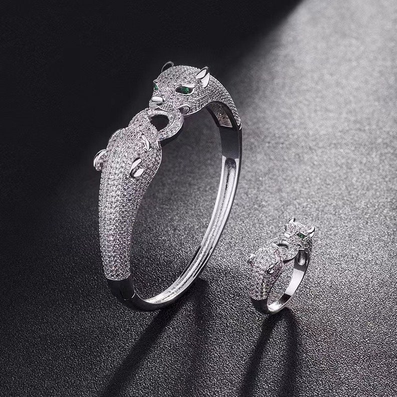 White Gold Double Panther Bling Bangle - Etsy