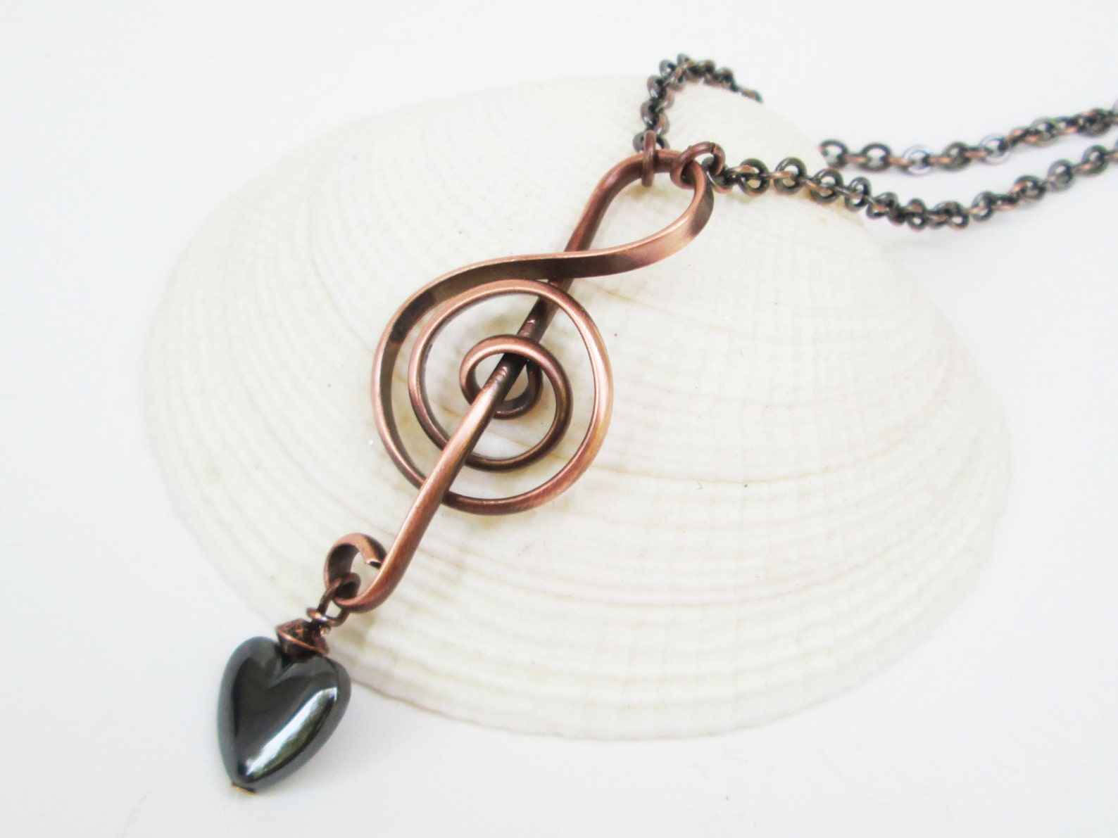 Copper Treble Clef Necklace With Hematite Heart Copper Chain | Etsy