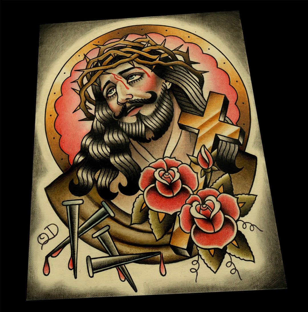 Classic Jesus Color Tattoo Flash - Etsy