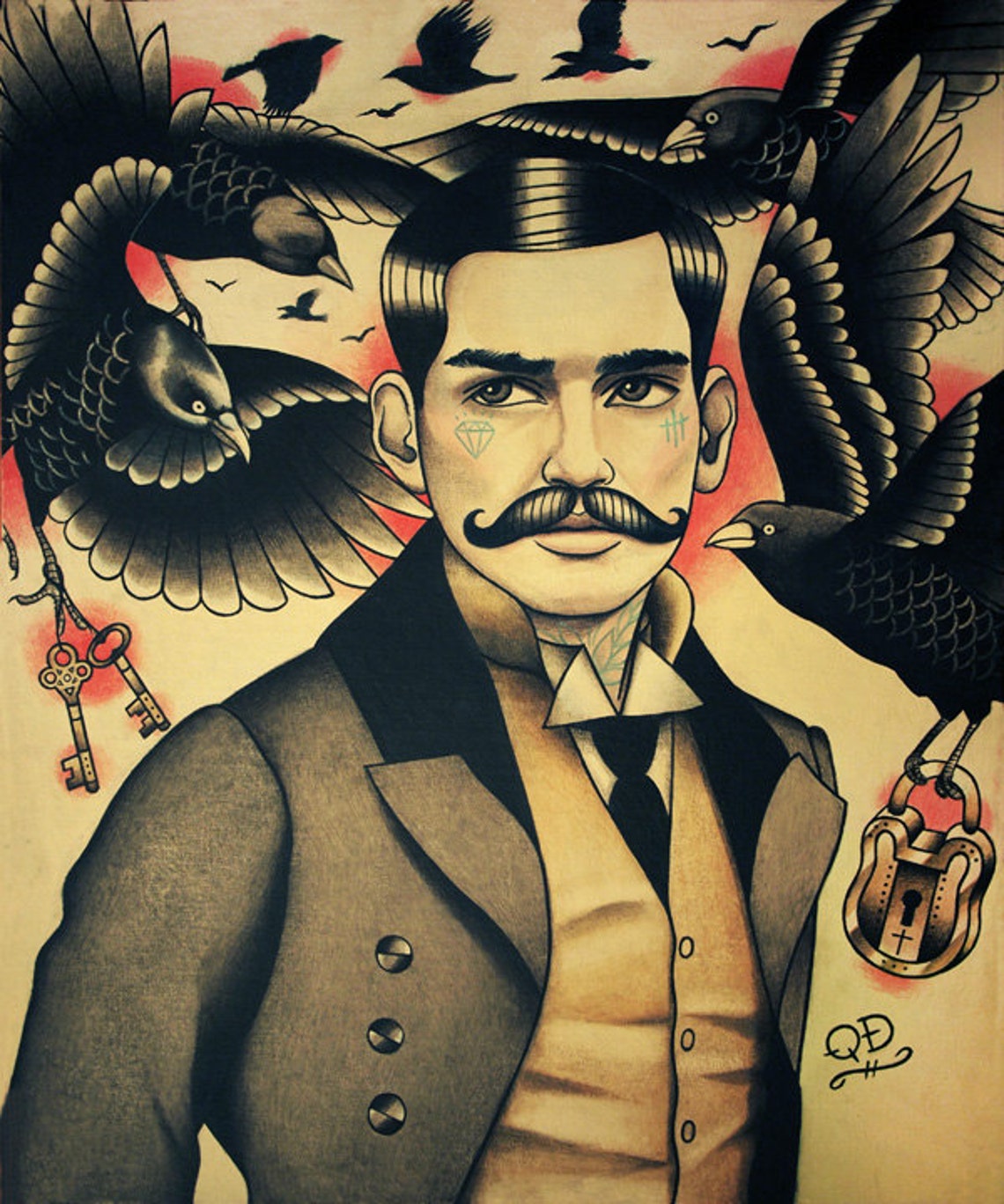 Crows and Tattooed Man with Moustache Art Print | Etsy