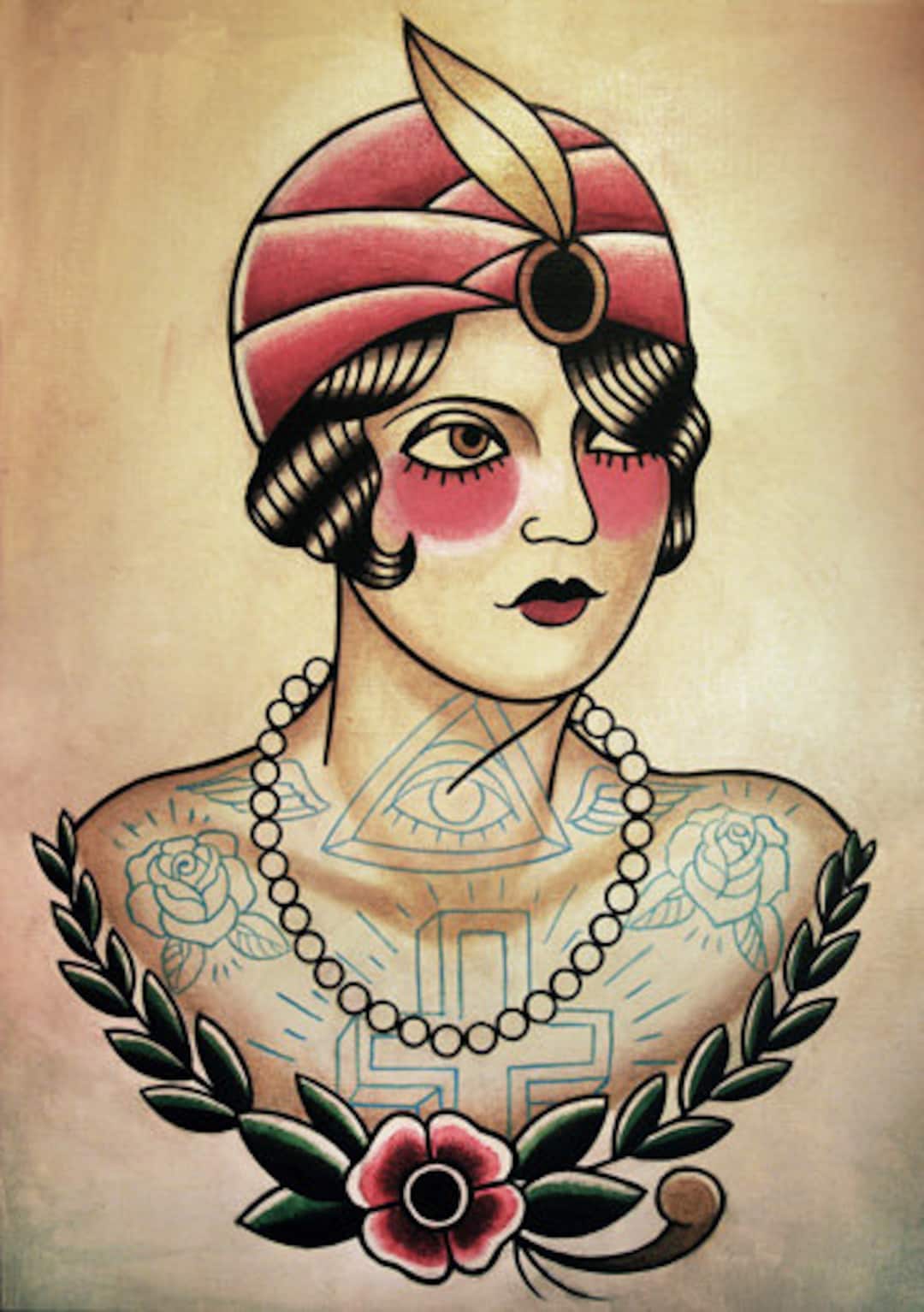 Fortune Teller Flapper Traditional Tattoo Flash - Etsy