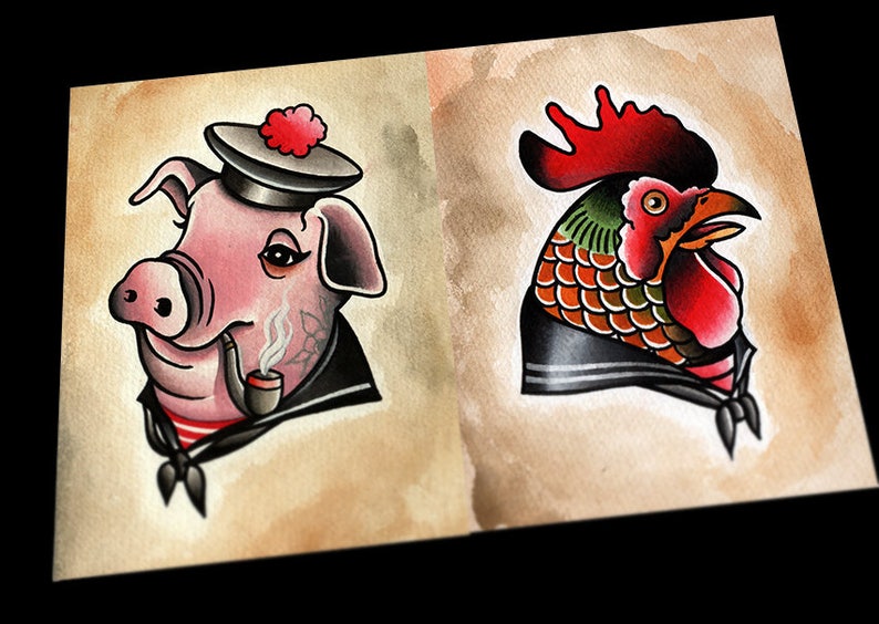 Chicken and Pig Nautical Tattoo Flash Prints - Etsy UK