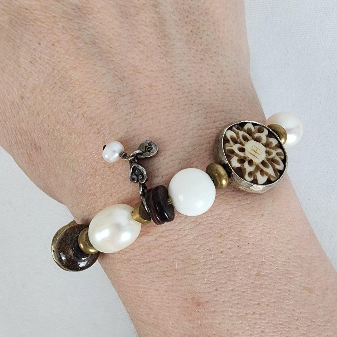 Silpada Pearl Bronzite Howlite Brass Sterling Silver Stretch Bracelet ...