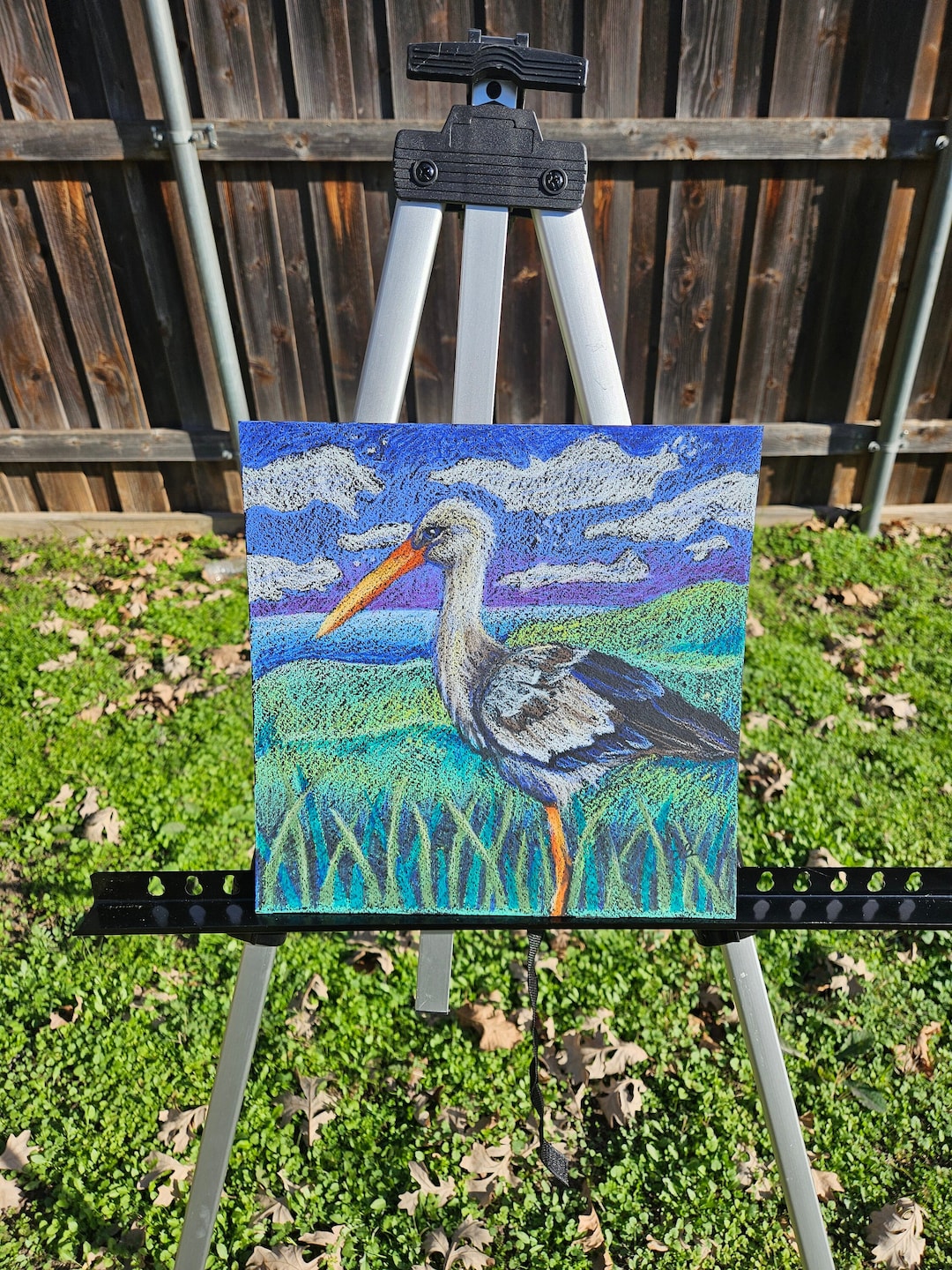 Stork in the Marsh Under a Purple Sky Original Neocolor II 10x10 Inch ...