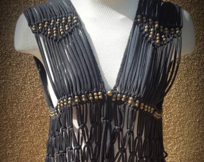 Vintage macrame Vest Beads Mid 90's Barcelona Retro Long - Etsy