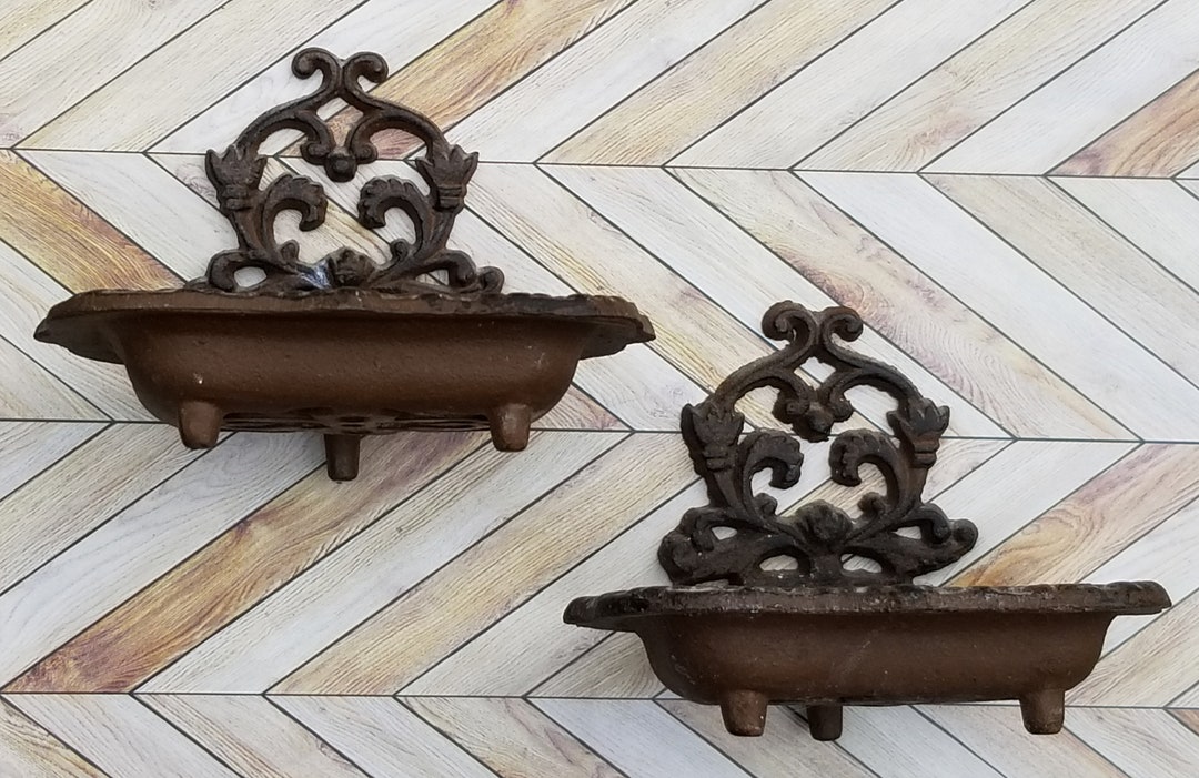 2 Vintage Rustic Cast Iron Soap Dishes Sponge Holder Brown Bathroom ...