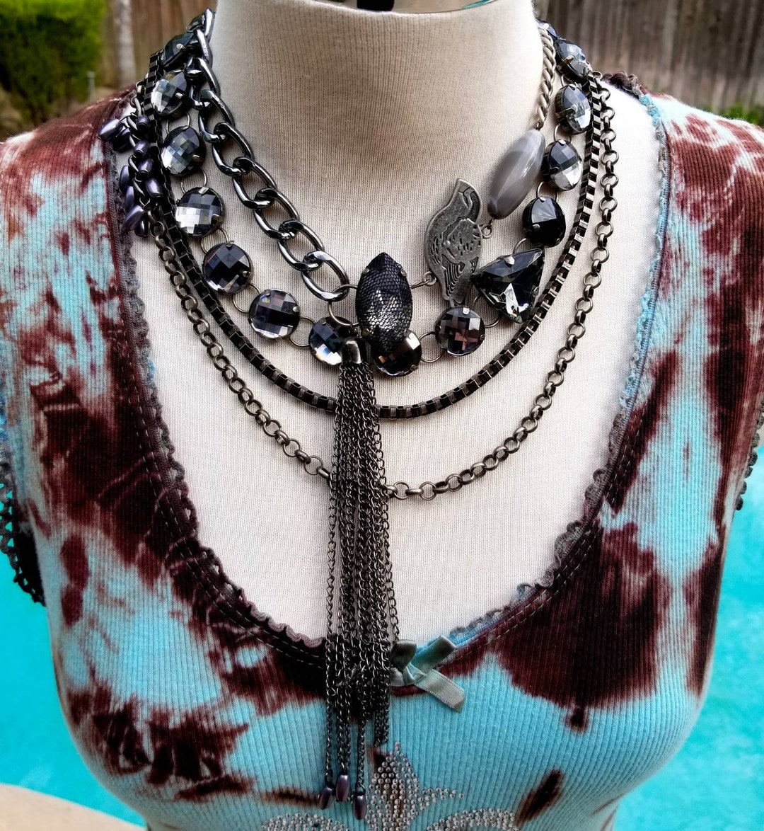 Badass Vintage 80's Punk Rocker Gothic Necklace Multi Chains Rhinestone ...