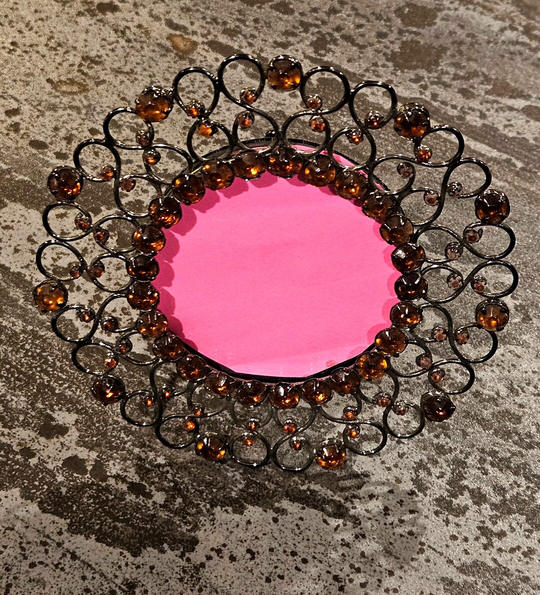 Vintage Small Round Picture Frame Oiled Bronze Metal & Rhinestones ...