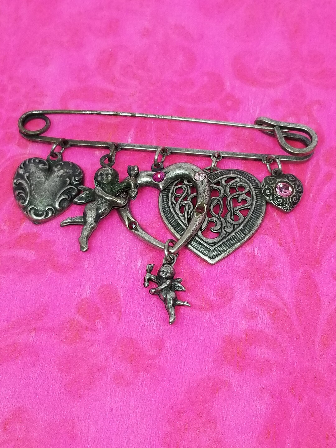 Gorgeous Antique Silver Big Safety Pin With Dangly Charms Hearts ...