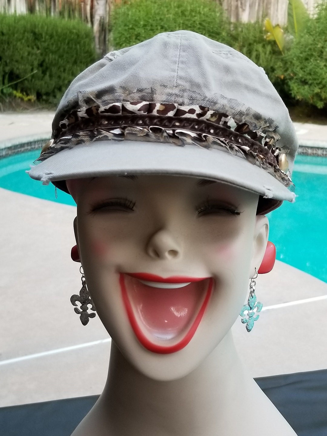 Badass Punk Rocker Cadet Cap Leopard Trim Rocker Hat Black Canvas Twill ...