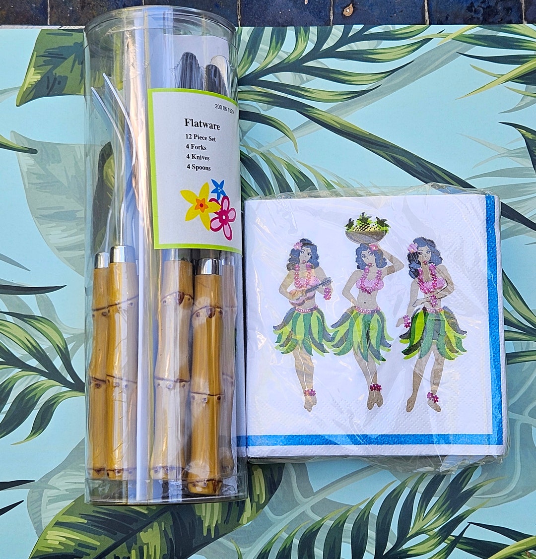Vintage Hula Girls Napkins & 24 Piece Faux Bamboo Flatware Set Retro ...