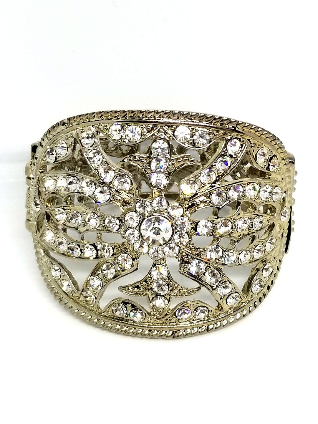 Gorgeous BIG Silver Bling Hinge Bracelet Artdeco Crystal Rhinestone ...