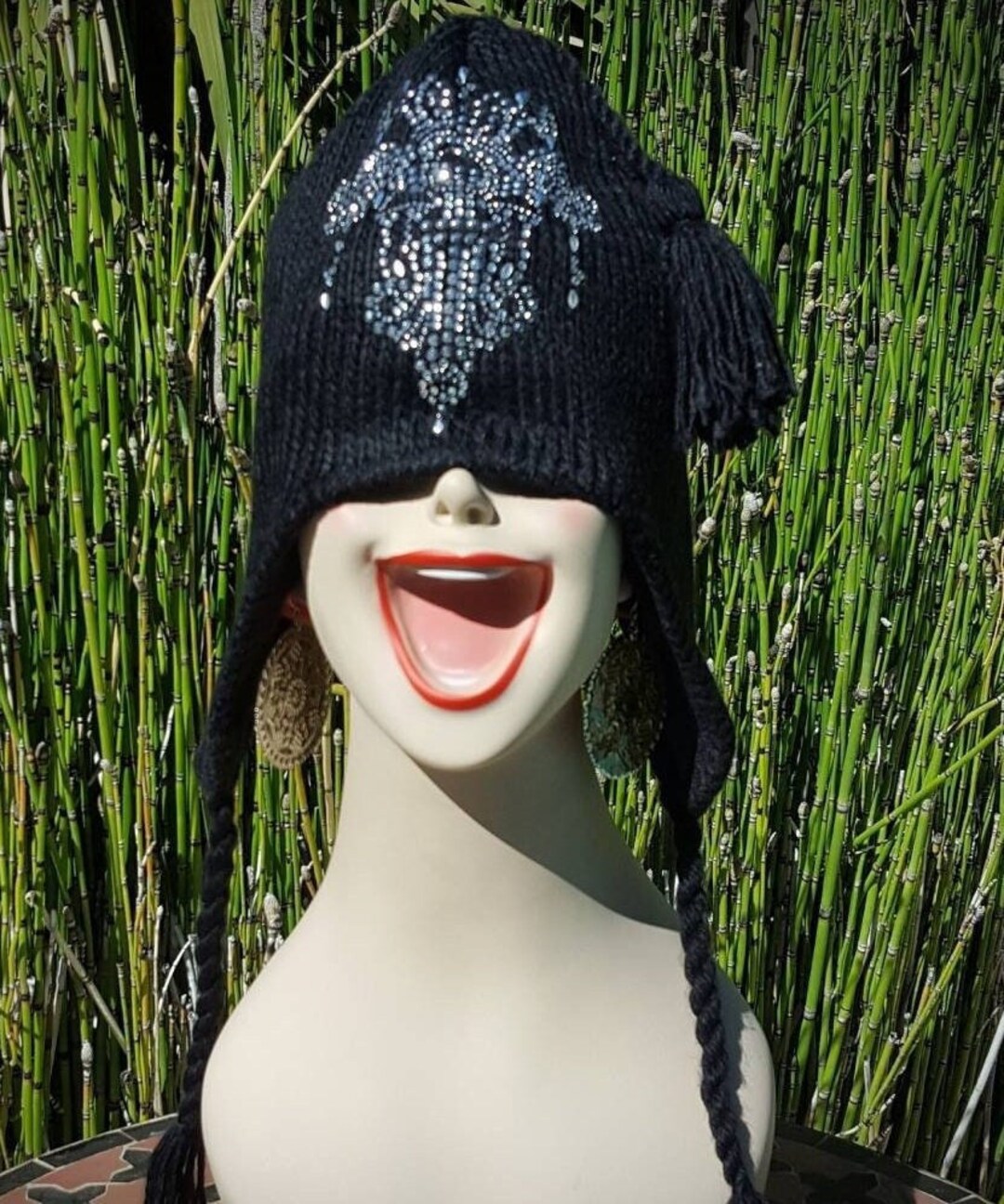 Badass Black Knit Beanie Punk Rocker Bling Hoodie Snowboarding Elf Ski ...
