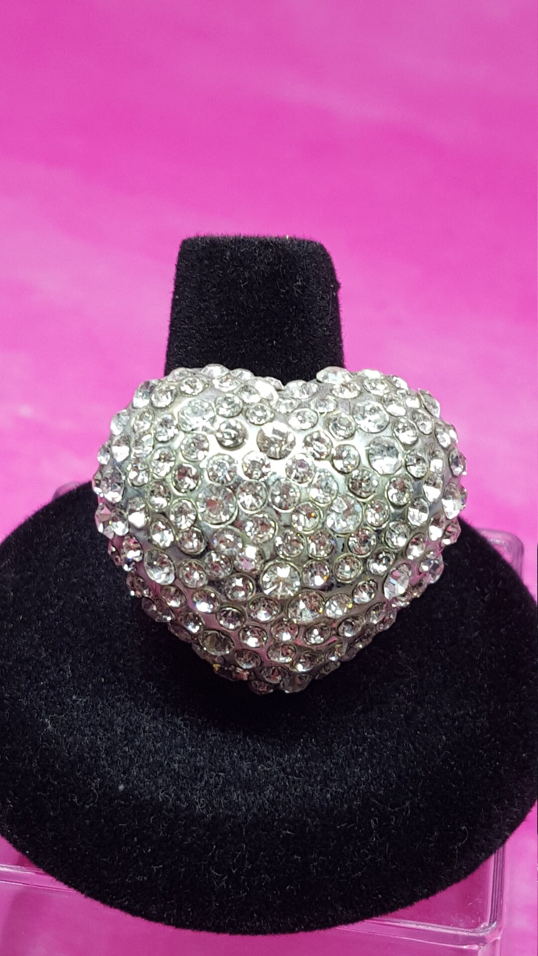 Vintage Rhinestone Puffy Heart Stretchy Ring Stunning Costume Jewelry ...