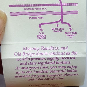Vintage World Famous Mustang Ranch Brothel Matches Girls Cocktails ...
