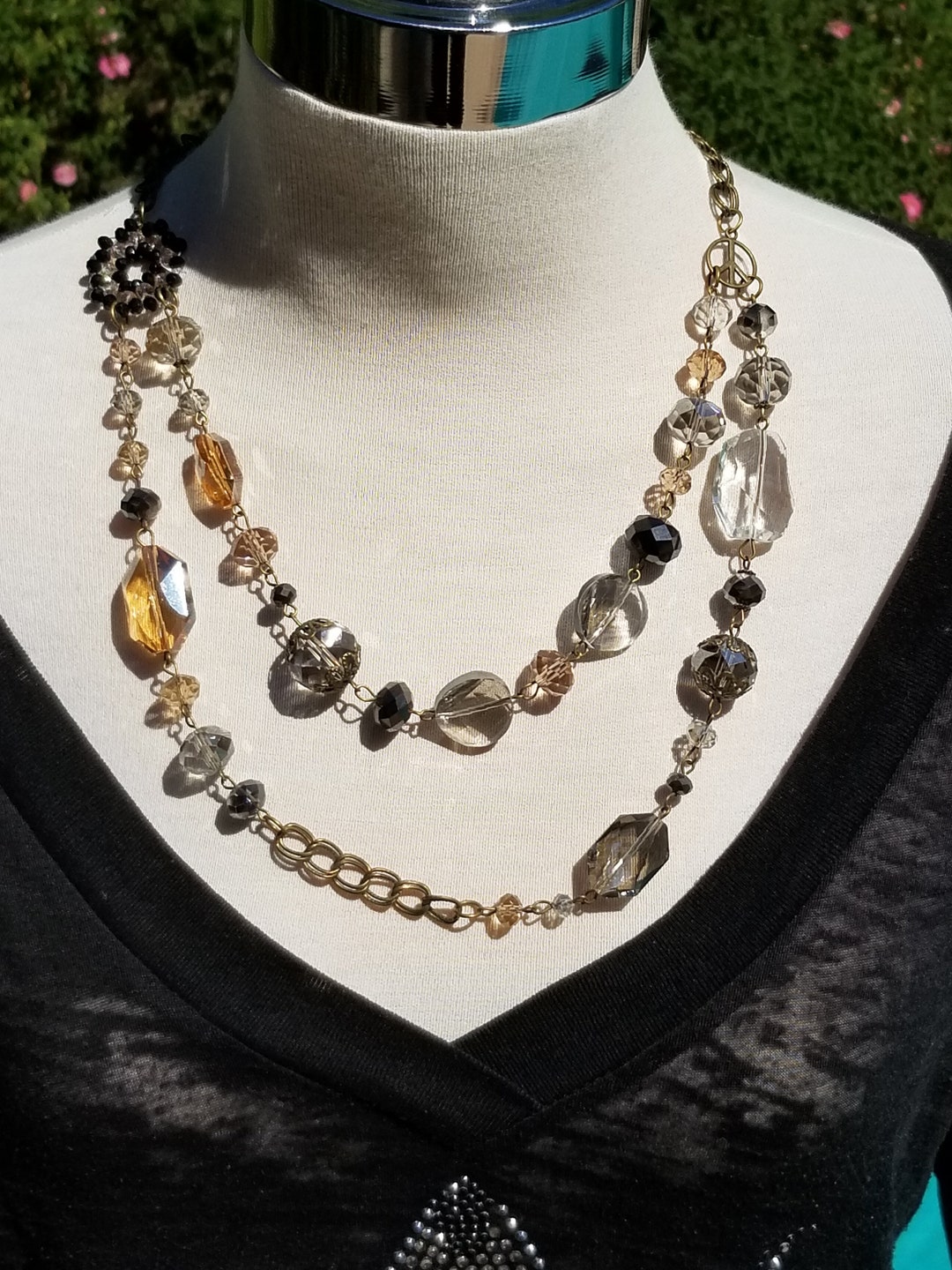 Awesome Vintage Crystal Beads & Brass Chain Layering Necklace - Etsy