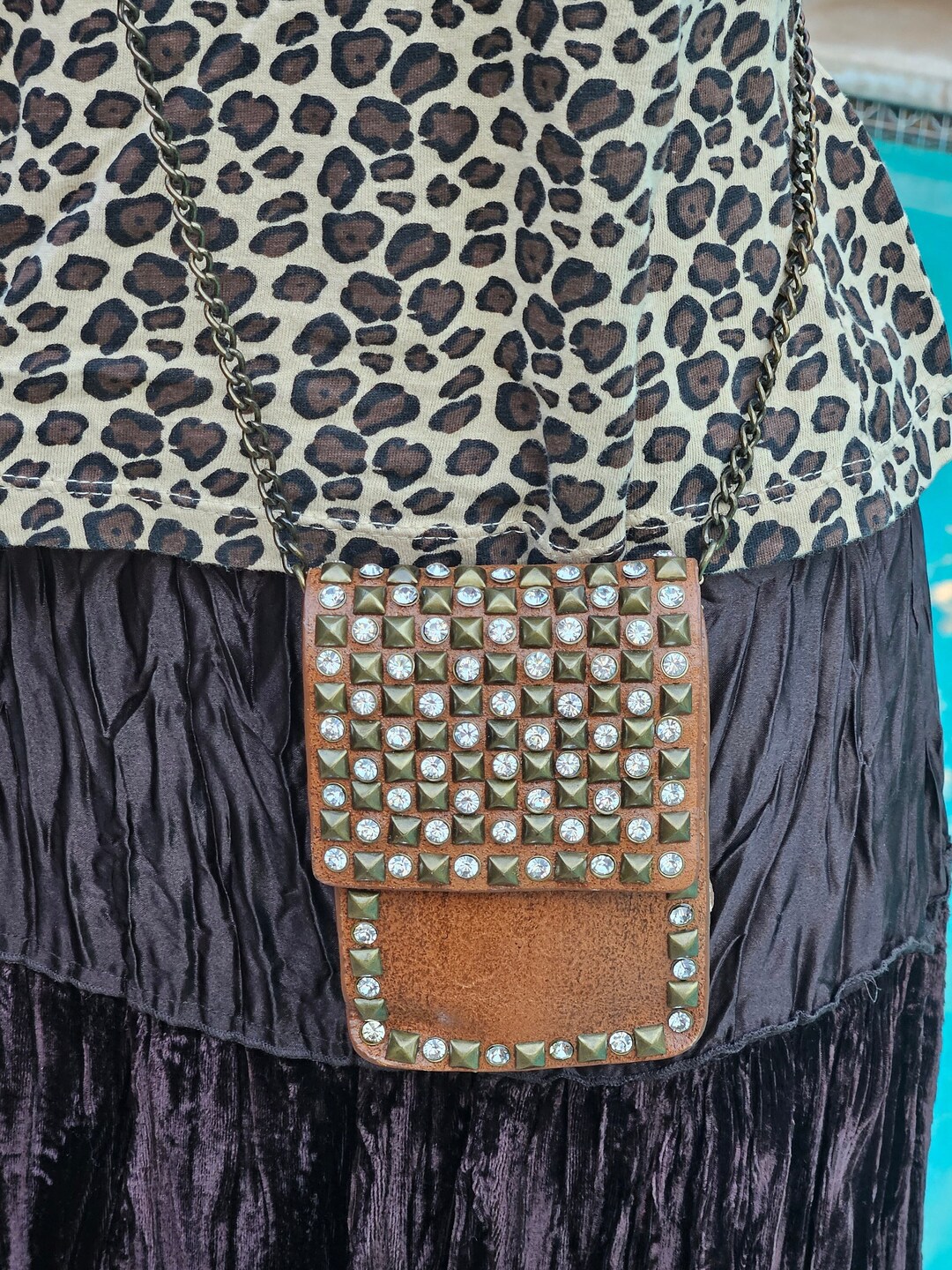 Badass Vintage Tan Leather Stud & Rhinestone Purse Small Punk Rocker ...
