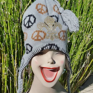 Awesome Peace Sign Knit Beanie Hat Bling Fleur De Lis Design Ski Elf ...