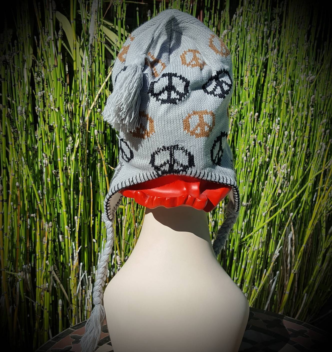 Awesome Peace Sign Knit Beanie Hat Bling Fleur De Lis Design Ski Elf ...