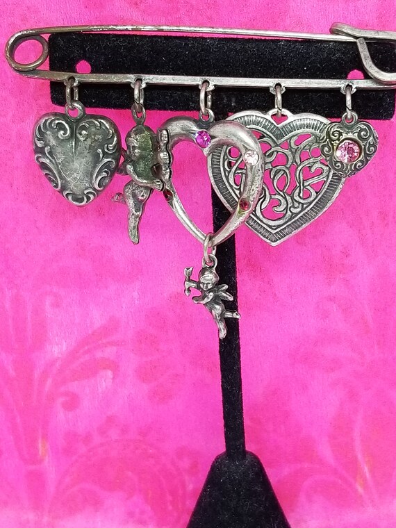 Gorgeous antique silver big safety pin with dangly ch… - Gem