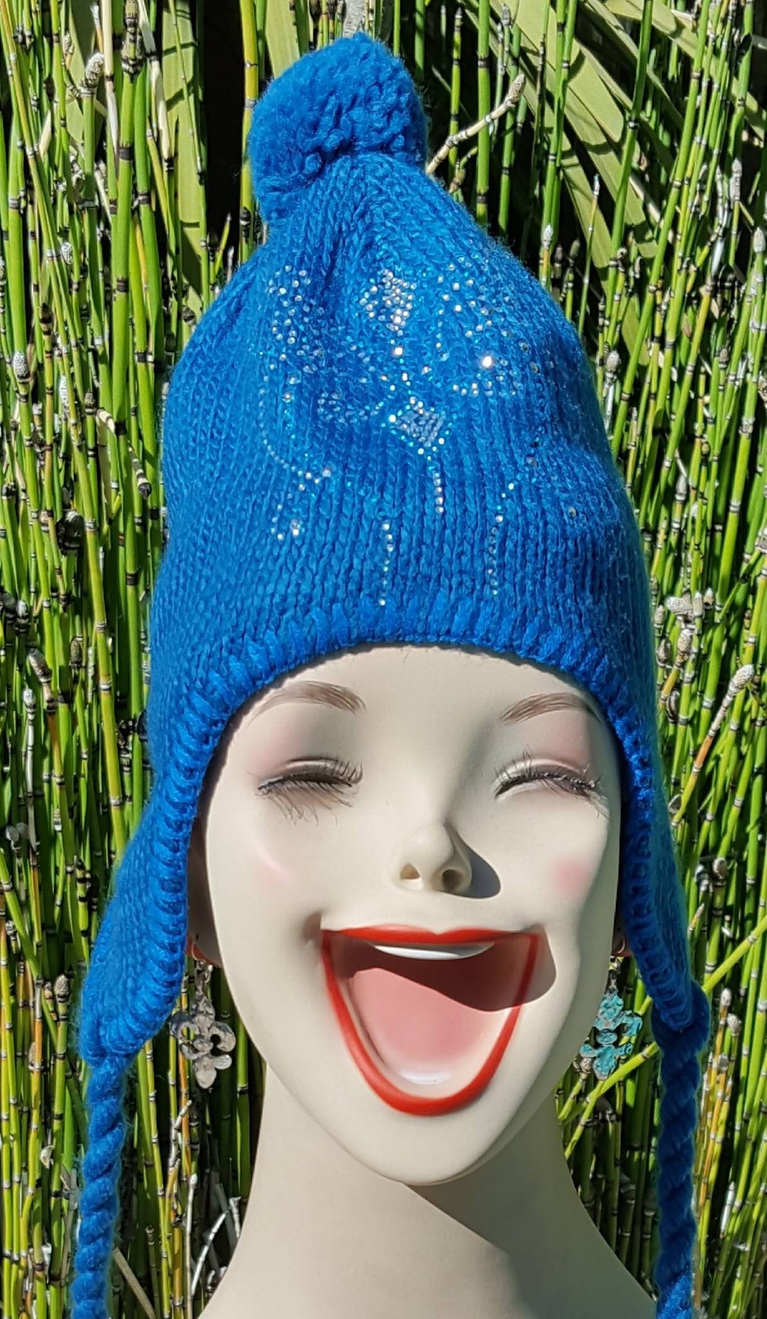 Awesome Bright Turquoise Bling Beanie Earflap Boho Gorgeous Deco Hippie ...