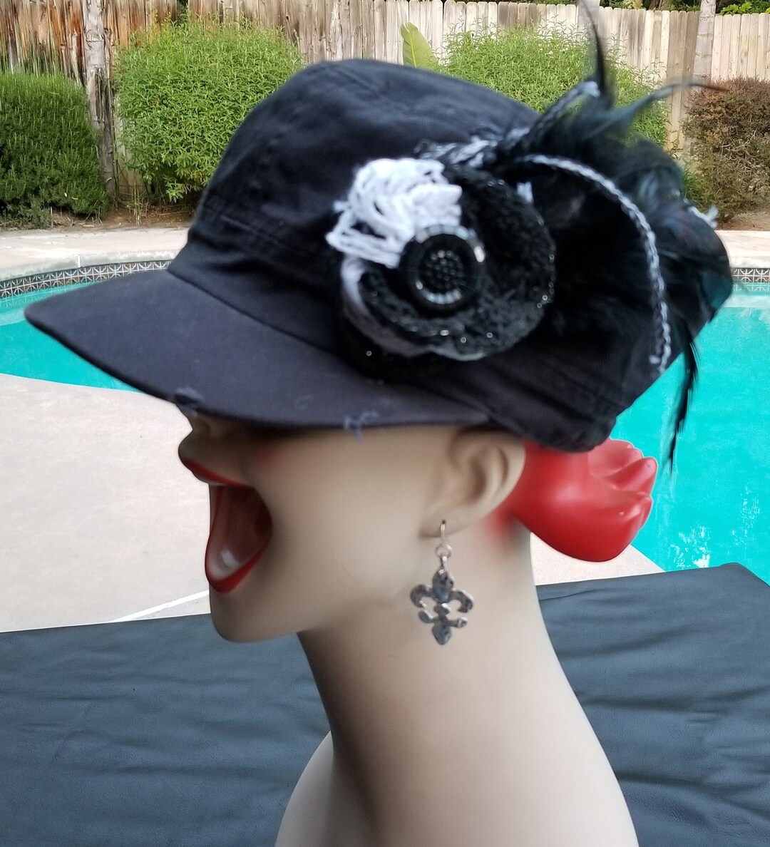 Badass Black Cadet Cap Vintage Crochet Flowers and Feathers Punk Rocker ...