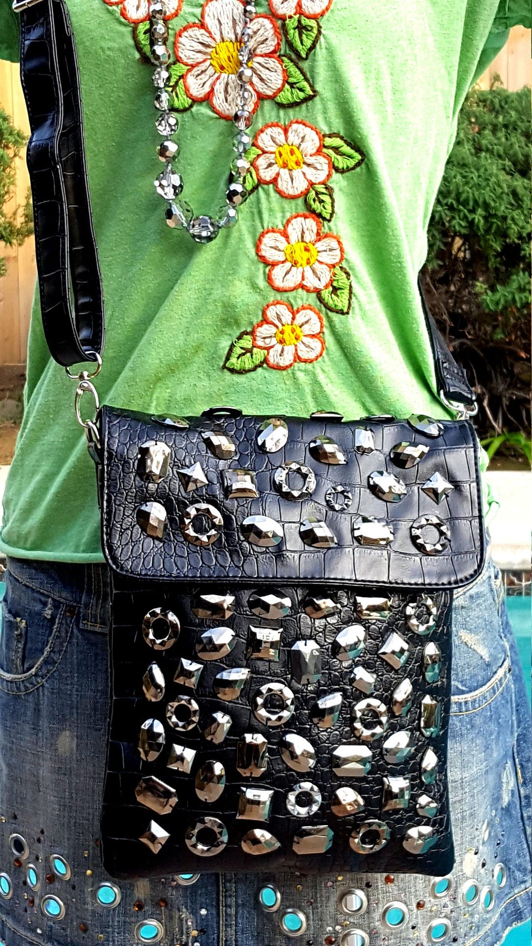 Badass Vintage Punk Rocker Purse Crossbody Bag Goth Big Rhinestones ...